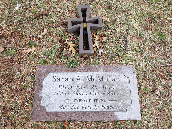 Sarah McMillan, taken by typhoid fever at just 29&mdash;one of many tragic stories etched in stone throughout Findlay's haunted grounds.