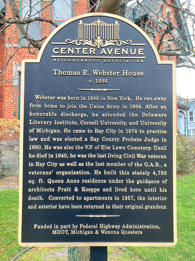 Historical Marker: Bronze words tell the tale of Thomas Webster, whose vision created this architectural treasure that continues to delight visitors more than a century later.