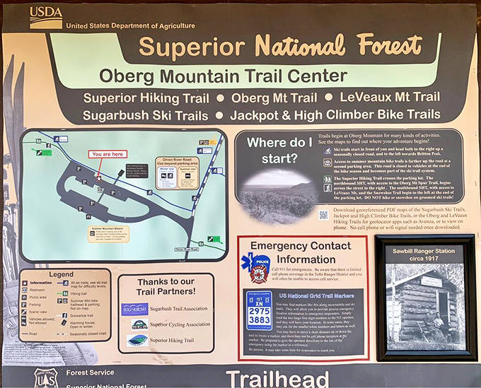 Info about Oberg Mountain Trail: This informative sign offers the roadmap to adventure, though no words can prepare you for the actual experience.