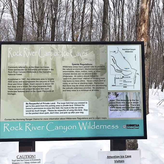 An informational sign marks the entrance to Rock River Canyon Wilderness, where Michigan's most spectacular ice formations await discovery.