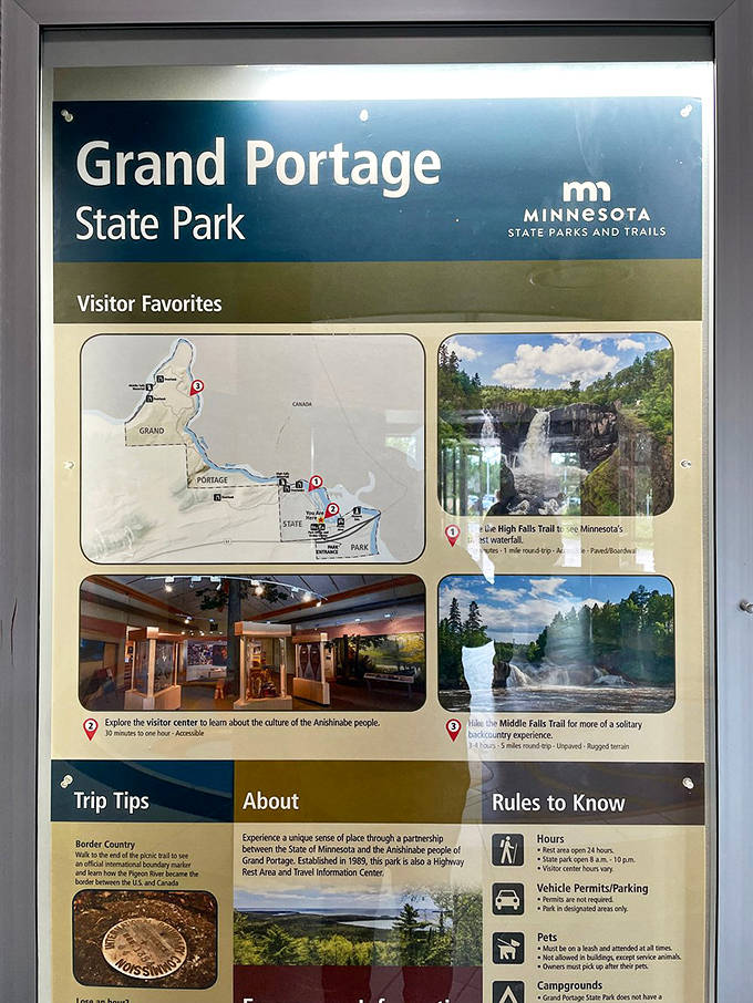 Your adventure roadmap: The park's information board offers trail options, historical context, and helpful tips to maximize your waterfall experience.