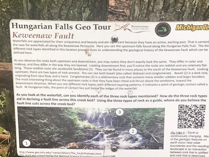 Nature's classroom reveals itself through this informational sign, where geology lessons come alive beside the very forces that shaped the land.