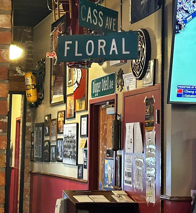 Street signs and memorabilia create an authentic connection to local history &ndash; this place doesn't just serve food, it serves stories.