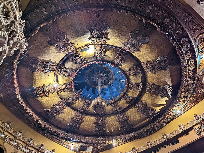 The ceiling's intricate patterns seem to tell stories of their own, a masterpiece that would be worth visiting even without a show.