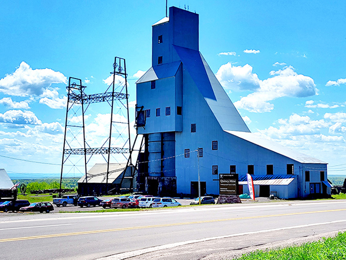 The gleaming white shaft house dominates the landscape, an industrial lighthouse guiding visitors to explore Michigan's copper country.