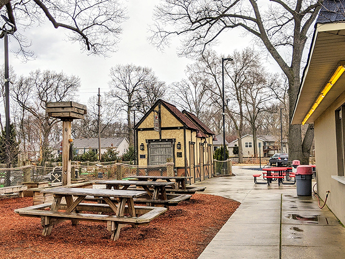 Rustic wooden seating areas provide the perfect backdrop for enjoying frozen treats, where brain freeze has never felt so worth it.