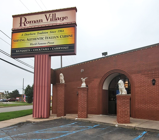 Stone lions stand guard at the entrance, welcoming guests to this brick fortress of Italian culinary tradition in suburban Michigan.
