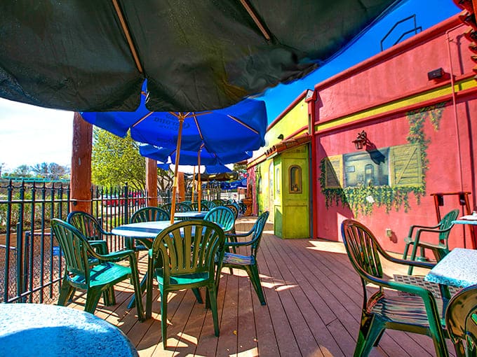 The outdoor patio offers a sunny escape&mdash;turquoise chairs and colorful umbrellas creating a perfect spot for al fresco dining when Minnesota weather cooperates.
