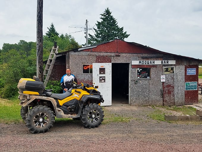 ATVs welcome! The Moquah Bar serves as a popular pit stop for outdoor enthusiasts exploring northern Wisconsin's trails and backroads.
