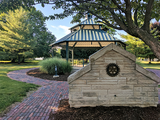 A gazebo stands ready for summer concerts, community gatherings, or just being that picturesque thing every small town seems required to have.