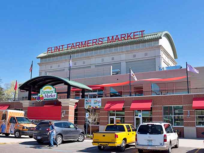 The market's welcoming exterior and parking area &ndash; where culinary adventures begin and diet resolutions come to a temporary pause.