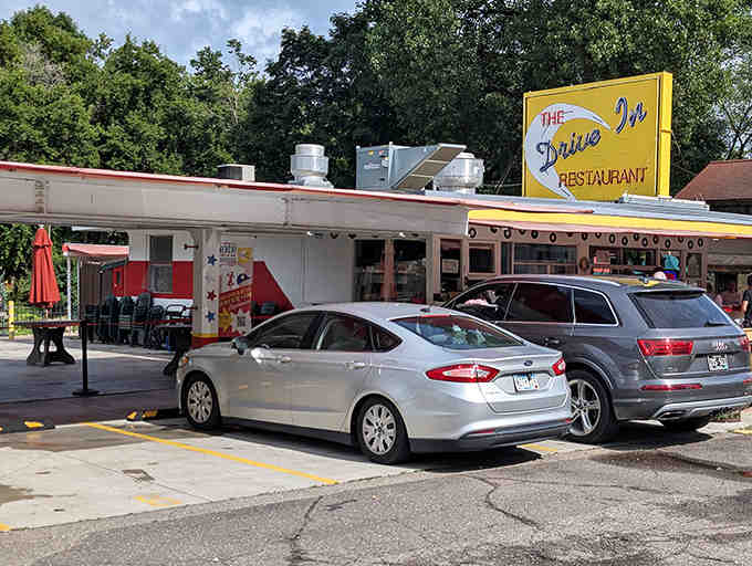 The Drive In's exterior welcomes hungry visitors with its classic signage—a time capsule of Americana that never goes out of style.