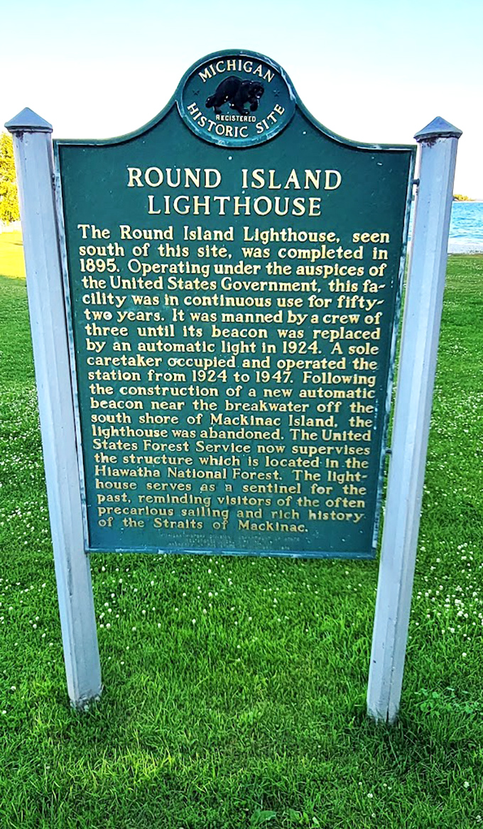 History buffs rejoice! This marker reveals Round Island Lighthouse's fascinating backstory &ndash; from manual operation to automation in just a few paragraphs.