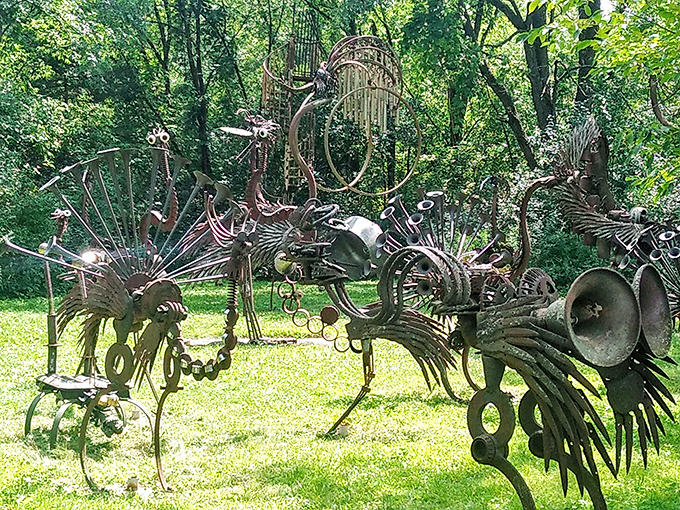 Metal ostriches patrol their territory, necks craned with curiosity at visitors who dare enter their rusty domain.