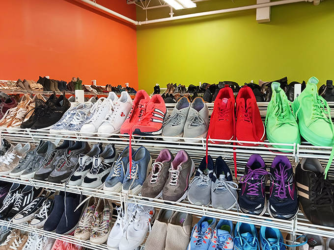 A rainbow of footwear lines the shoe section, from barely-worn athletic sneakers to the occasional designer find that makes dedicated thrifters' hearts race.