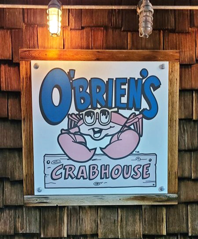 The whimsical O'Brien's Crabhouse sign promises seafood adventures with a smile, even in the Midwest.