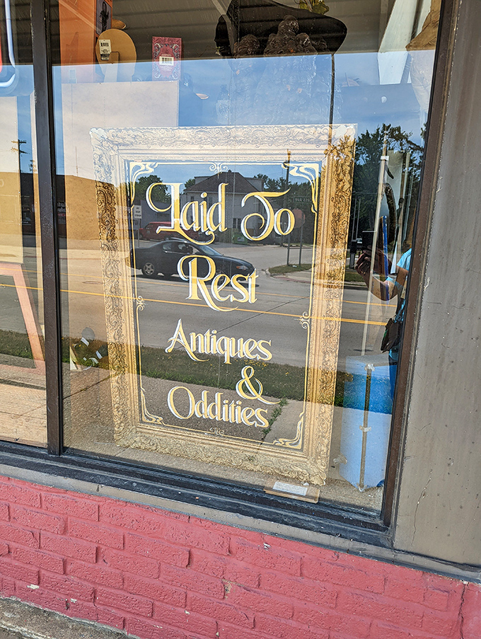 The window sign promises "Antiques & Oddities," delivering the understatement of the century for what awaits curious shoppers inside.