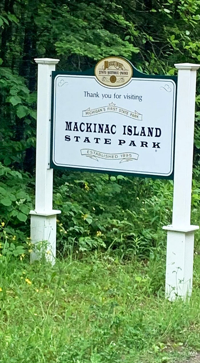Michigan's first state park welcomes visitors with a simple sign, marking the entrance to an island where natural beauty and history intertwine.