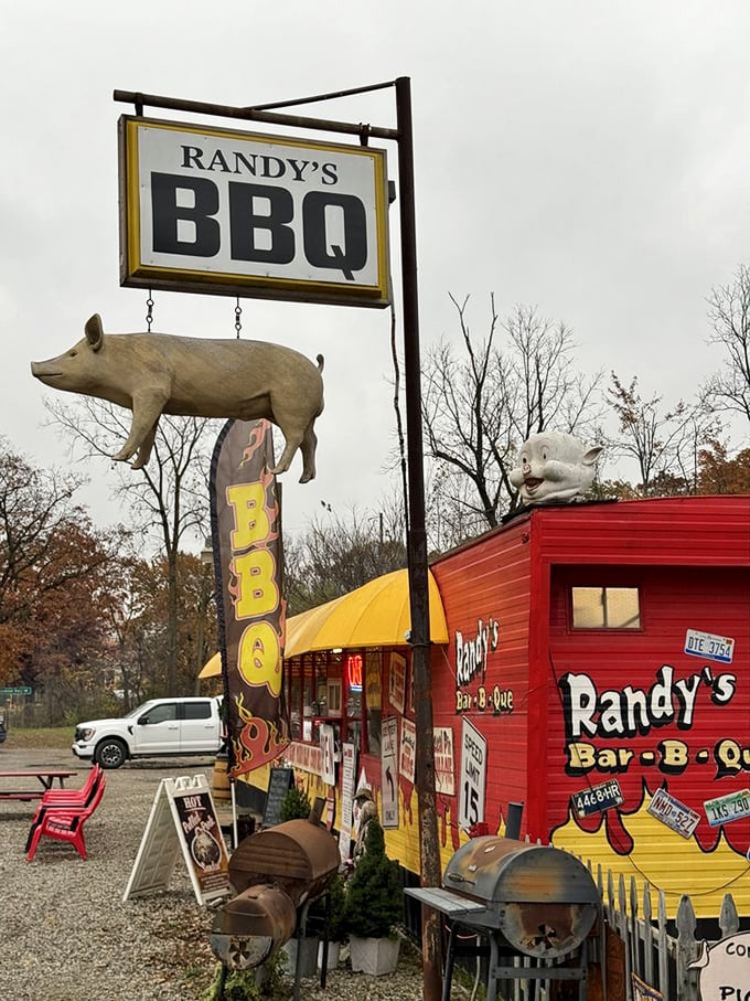 That sign with the flying pig tells you everything you need to know – at Randy's, pork transcends the ordinary and achieves legendary status.