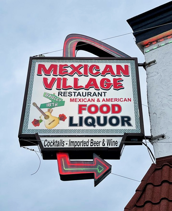 The vintage sign promises both Mexican and American food plus liquor&mdash;a trifecta that's been drawing Detroiters to this corner for generations.