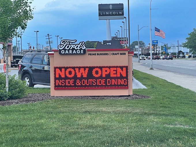 The roadside signage announces your arrival at a destination where prime burgers and craft beer await, just follow the iconic Ford's Garage logo home.