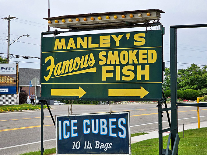 Follow the yellow arrows to fish nirvana &ndash; this iconic sign has guided hungry travelers to smoky satisfaction for generations.