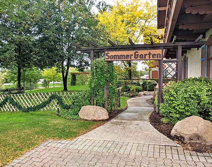 The Sommer Garten provides a peaceful retreat with winding pathways, lush greenery, and authentic German garden design for outdoor relaxation.