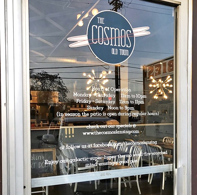 The hours of operation displayed on the door &ndash; your guide to planning your next mission to this galactic pizza destination.