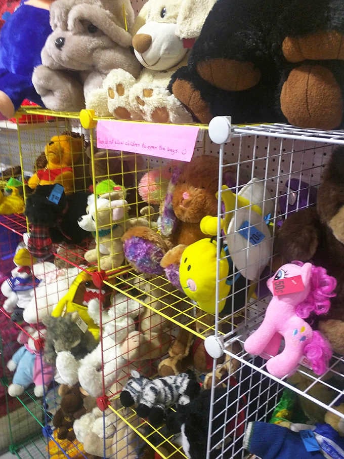 The stuffed animal section &ndash; where plush companions wait patiently for their next cuddle. That bear might have stories to tell, but he's keeping them to himself.