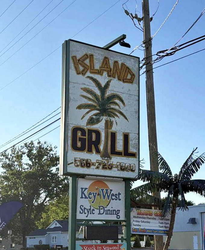 The weathered sign says it all&mdash;Key West-style dining has found an unlikely but perfect home in Michigan's Ira Township.