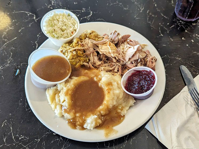 Thanksgiving on a plate, minus the family drama&mdash;turkey dinner with all the fixings that tastes like someone's grandma made it.