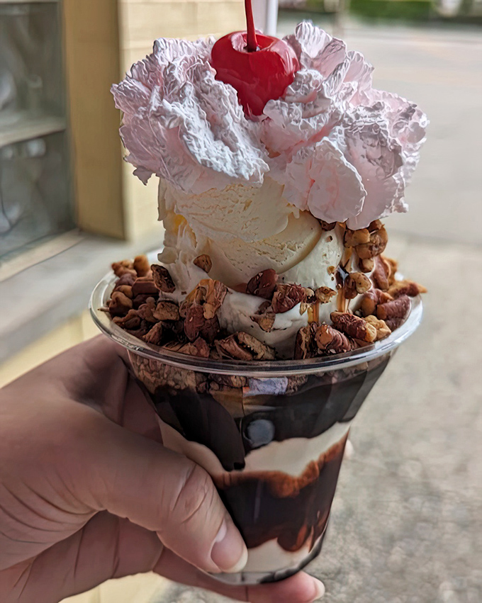 This turtle sundae moves slowly from cup to mouth, not because turtles are slow, but because savoring something this divine shouldn't be rushed.