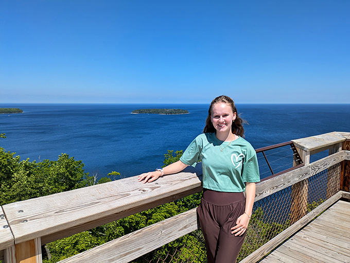 The panoramic overlook delivers that "top of the world" feeling, where Lake Michigan's vastness meets Wisconsin's wild beauty.