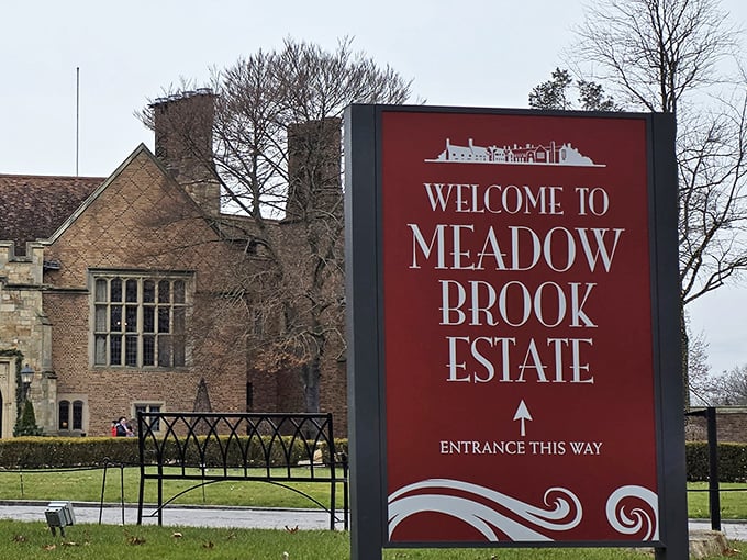 The entrance sign welcomes visitors to Meadow Brook Estate &ndash; understated compared to what awaits beyond, like calling the Grand Canyon "a nice view."