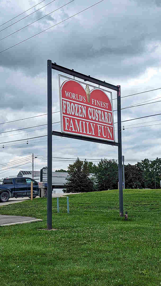 The roadside sign stands as a beacon of hope for dessert pilgrims, promising "Family Fun" and delivering on that promise with every scoop.