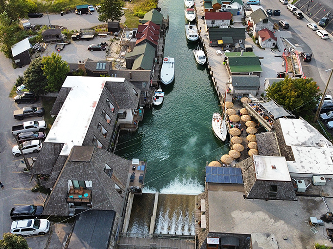 The aerial view shows how Fishtown threads the needle between land and water, creating a village that belongs to both worlds equally.