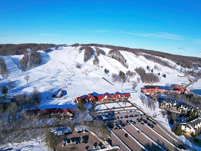 Bird's-eye view of The Highlands in winter glory. From this perspective, those ski runs look both inviting and slightly terrifying!