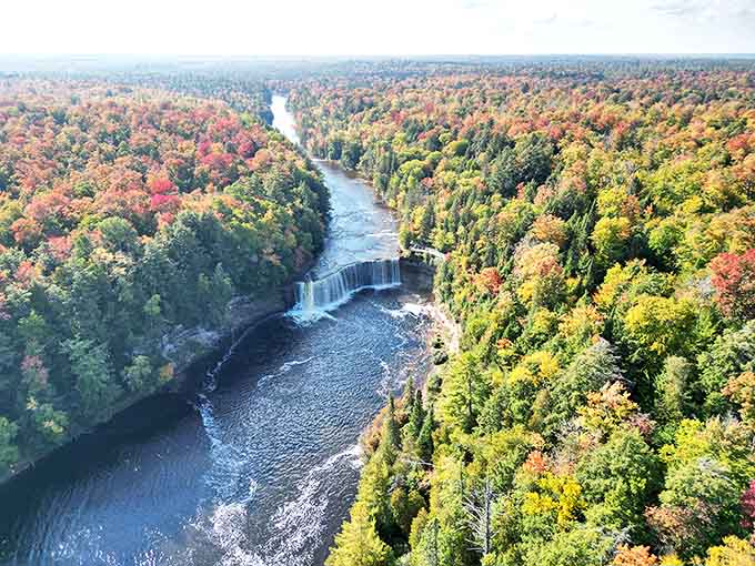 From above, Tahquamenon Falls carves its ancient path through pristine forest, a reminder that some of Earth's most spectacular views require a bird's perspective.