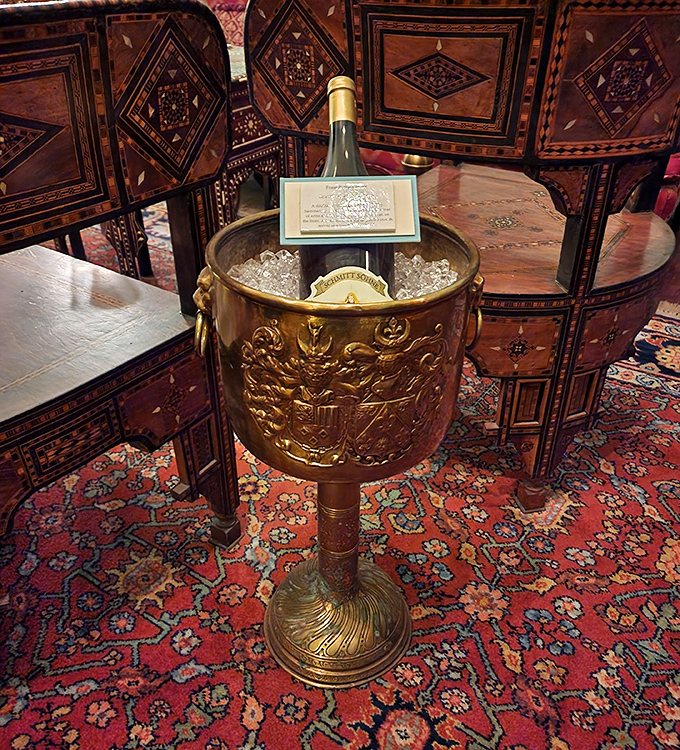 Antique Brass Champagne Cooler: Celebrations from a bygone era required proper equipment &ndash; this gleaming vessel once chilled bubbly for the villa's elite guests.
