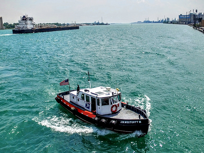 The little boat that could! From above, the J.W. Westcott II looks tiny against the vast Detroit River, yet carries an outsized legacy.