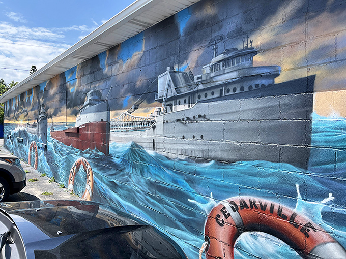 Local maritime history comes alive in this detailed mural depicting the Great Lakes vessels that shaped Rogers City's development and character.