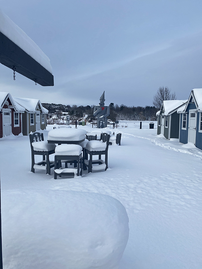 Even in the depths of Michigan winter, the Tin Man's silhouette stands out against the snow-covered landscape of Hart.