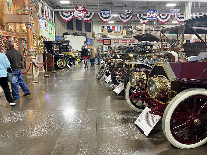 The museum's expansive interior houses decades of automotive history, each vehicle perfectly positioned to showcase its unique character and timeless design.