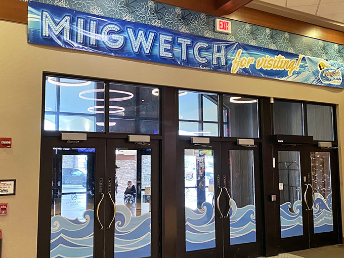 "MI-GWETCH for visiting!" &ndash; The welcoming entrance promises aquatic adventures beyond these doors, regardless of what Michigan's weather is doing outside.