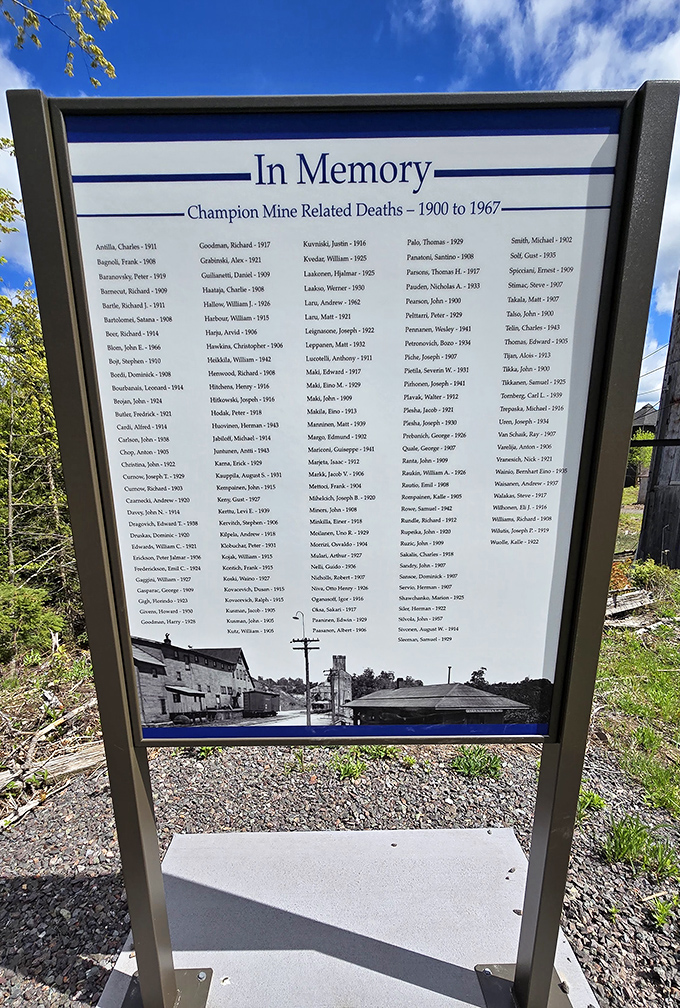 A memorial sign honors those who lost their lives at Champion Mine between 1900-1967, a sobering reminder of the human cost behind industrial progress.