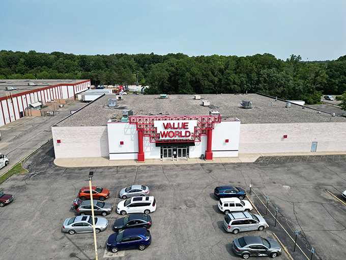 From this aerial view, Value World's distinctive red and white building stands out against the landscape &ndash; a thrifter's paradise waiting to be explored.
