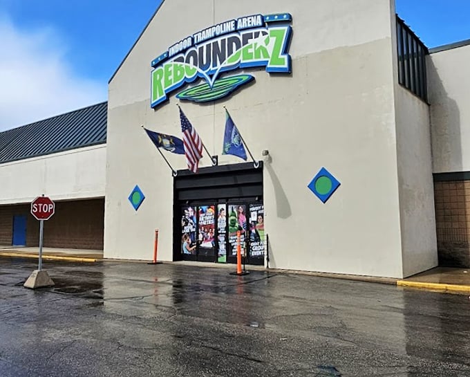 The exterior on a rainy day: proof that Michigan weather can't dampen the bouncy spirits inside, where it's always perfect jumping weather.