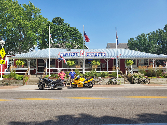 The welcoming exterior with its wraparound porch invites visitors to pause, gather, and create memories against a backdrop of Michigan charm.