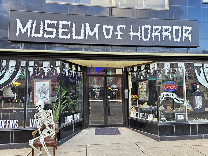 The exterior storefront makes its intentions clear with skeleton greeters and window displays that dare you to enter.
