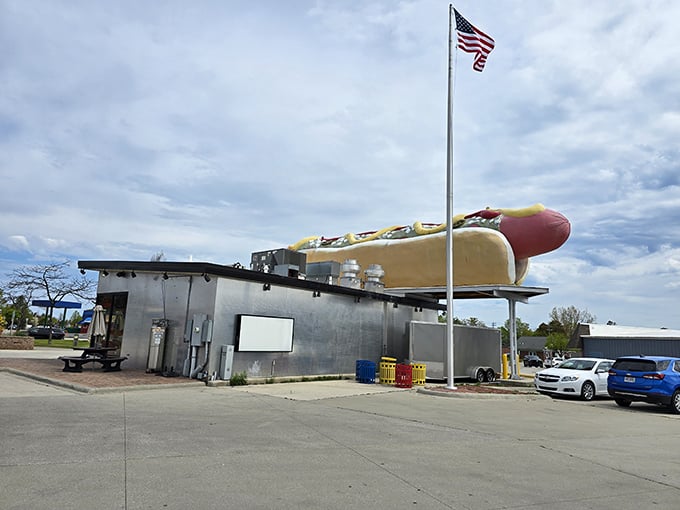 From another angle, the giant hot dog stands proud against the Michigan sky &ndash; a monument to America's favorite handheld meal.